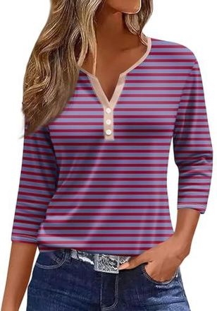 Generic HUIFUAO T-Shirts pour Femmes, T-Shirts dété à Boutons avec col en V et Manches 3/4 pour Femmes, Haut rayé de Couleur, t-Shirt dété Basique pour Femme,