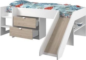 Les Tendances Les Tendances - Lit toboggan enfant - Decor Blanc et Chene Jackson - Sommier inclus - 90 x 200 cm - slide