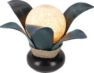 Guru Shop Palmenblatt Tischlampe/Tischleuchte, in Bali Handgemacht aus Naturmaterial, Palmholz - Modell Palmera 13 Blau, 30x35x36 cm