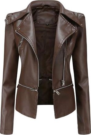 Generic Veste de motard en similicuir &agrave; manches longues et fermeture &eacute;clair pour femme, caf&eacute;, 4XL