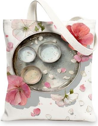 Generic Sacs fourre-tout en toile florale, sacs dépicerie réutilisables, vintage légers et lavables avec bandoulière en toile Ba, blanc, 13x15 Inch