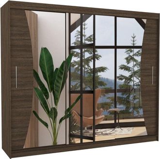 Les Tendances Les Tendances - Grande armoire de chambre à coucher 3 portes coulissantes bois foncé et miroir Douko 250cm