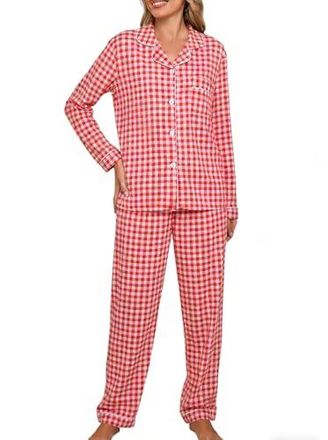 Minetom Ensembles de Pyjama Femme 2 Pi&egrave;ces Bouton V&ecirc;tements de Nuit &Agrave; Carreaux Manches Longues Col V Chemise et Pantalon Style Y04 40
