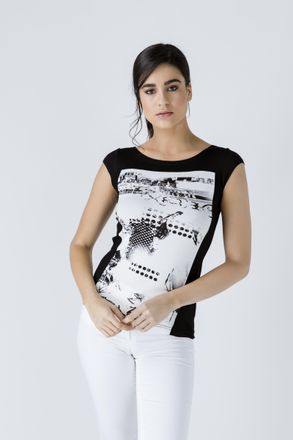 M&oacute;veis Conquista Schwarzes Print-Detail-Cap-&Auml;rmel-Top