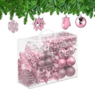 Relaxdays Weihnachtskugeln 100er Set, glitzernd, matt & glänzend, Baumschmuck, Kunststoff, Verschiedene Designs, rosa