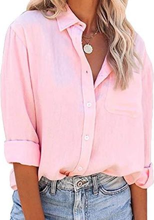 Minetom Chemisier Femme Manches Longues T-Shirt Oversized Tunique Col V Bouton Tops Blouse Chic Printemps Automne Casual Hauts A Rose XXL