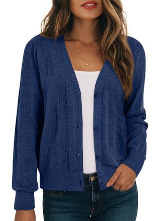 Dokotoo Damen Strickjacke Elegant V-Ausschnitt Kurzer Cardigan Einfarbig Langarm Dirndl Jacke mit Knopf, blau, M