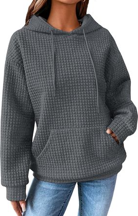 Dokotoo Kapuzenpullover Damen Hoodie Waffel Pullover mit Taschen Kordelzug Sweatshirt Einfarbig Langarmshirt L&auml;ssig Oberteile Dunkel Grau 2XL