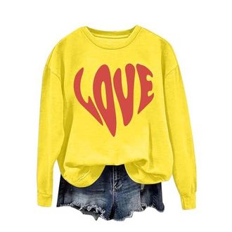Generic Sweat-shirts de Saint-Valentin 2026 pour femmes 2024 imprim&eacute; graphique coeur col rond manches longues chemisier Saint-Valentin automne hiver pull, jau