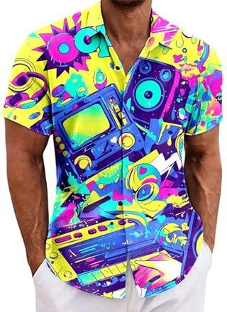 Generic Chemise hawa&iuml;enne pour homme - Imprim&eacute; &agrave; manches courtes - Style ann&eacute;es 80 - Respirant - Confortable - Pour l&eacute;t&eacute; - Pour la plage - Costume de f&ecirc;te, B9