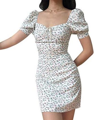 ORANDESIGNE Robe Décontractée pour Femme Imprimé Floral Manche de Lanterne Manches Bouffantes sans Bretelles Slim Cordon Robe Courte B Blanc S