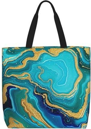 Generic Marbre Bleu Sarcelle Et Or2 Sac Fourre-Tout L&eacute;ger Sacs De Courses D&eacute;contract&eacute; Sac A Main Femmes Pour Travail Shopping Plage