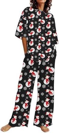 Generic HUIFUAO Ensemble de pyjama de Noël pour femme - Imprimé sapin de Noël amusant - Père Noël - Bonhomme de neige - Tenue 2 pièces - Haut à manches longue