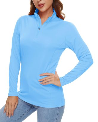 KEFITEVD Sportoberteil Sonnenschutz Langarm Outdoor Laufshirt Stehkragen 1/4 Zip Unifarben SPF50+ Poloshirt Leicht D&uuml;nn Sommershirt Wasserfallblau