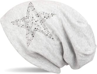 styleBREAKER Damen Slouch Beanie Mütze mit Strass Stern | Glitzer Longbeanie aus weicher Viskose | One Size für Erwachsene, Farbe:Hellgrau meliert