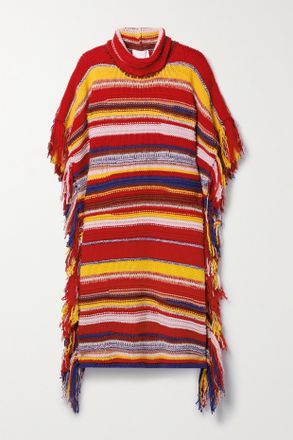 Chlo&eacute; Gestreifter Poncho Aus Einer Kaschmirmischung Mit Rollkragen Und Fransen - Rot