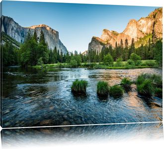 Pixxprint Fluss vor Berglandschaft, Gr&ouml;&szlig;e: 80x60cm, Leinwandbild, fertig gespannt, Wandbild, Dekoration, Kunstdruck, kein Poster