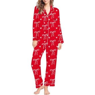 Generic Ensemble de pyjama 2 pi&egrave;ces en satin pour femme avec imprim&eacute; noeud mignon - Haut &agrave; revers et pantalon &agrave; boutons - V&ecirc;tements d&eacute;contract&eacute;s doux et confo