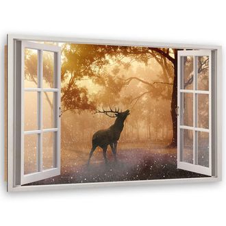 Feeby Wandbilder Wohnzimmer 60x40 cm, Deko Paneel Bilder, Bilder für Schlafzimmer, Echter Gemalter Effekt, Moderne Wanddeko, Gemälde - Fensterblick, Hirsch 