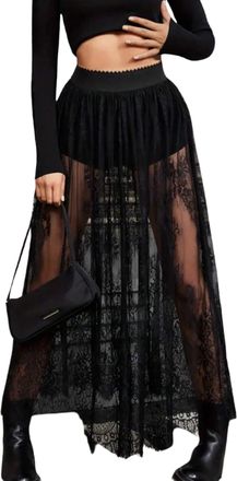 SOLY HUX Festival Outfit Rock Damen Elegant Spitze Maxirock Y2K Hosenrock Tanzrock Freizeitrock mit Short Durchsichtige Clubwear Schwarz XL