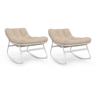 IDMarket Lot de 2 fauteuils de jardin &agrave; bascule ARONA blanc coussin beige
