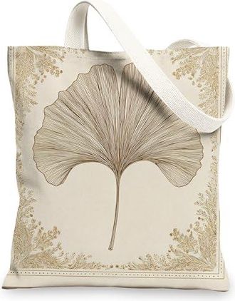 Generic Sacs fourre-tout en toile motif feuilles de ginkgo, sacs à provisions réutilisables, vintage botanique léger lavable en toile B, beige, 13x15 Inch