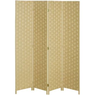 HOMCOM Homcom - Paravent int&eacute;rieur 4 panneaux pliables s&eacute;parateur de pi&egrave;ce bois de pin fibres de papier tress&eacute; naturel