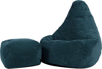 Icon Brand Dalton Sitzsack Kinder mit Hocker, Blauigr&uuml;n, Flauschiger Cord Stoff, Sitzsack Cord mit F&uuml;llung, Bequemer Kinder Gaming Sessel, Kuschelsessel, Lese Se