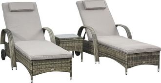 OUTSUNNY Lot de 2 transats bains de soleil grand confort : matelas, têtière, inclinaison réglable multipostions, accoudoirs, roulettes + table