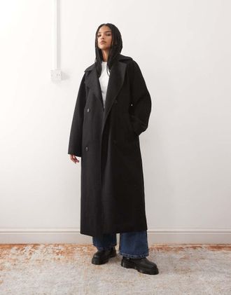 Weekday Kia - Manteau oversize en laine m&eacute;lang&eacute;e avec liens &agrave; la taille - Noir