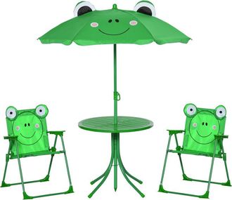 OUTSUNNY Ensemble salon de jardin enfant 4 pcs design grenouille - table ronde + 2 chaises pliables + parasol - m&eacute;tal &eacute;poxy oxford vert