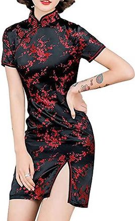 Generic Cheongsam Costume à manches courtes et fente latérale Imprimé floral Col mandarin Vintage Chinois Soirée Mini Bodycon Cocktail Tenue, 145-2-noir, M
