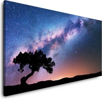 Paul Sinus Art Baum mit Sonnenstrahlen und Milchstraße 120x 60cm Panorama Leinwand Bild XXL Format Wandbilder Wohnzimmer Wohnung Deko Kunstdrucke