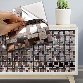 Walplus 48 Stück 15x15cm Metallisch Silber Braun Steinmosaik Brown Aluminium Folie Wandfliesen Aufkleber Abziehen und Kleben Backsplash Abziehbilder Startseit
