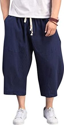 Minetom Homme Été Pantalon en Lin Coton Lâche Capri Shorts Bermudas 3/4 Pantacourt Poches Baggy Cargo Pants Large Cordon de Serrage Grande Taille B Marine M