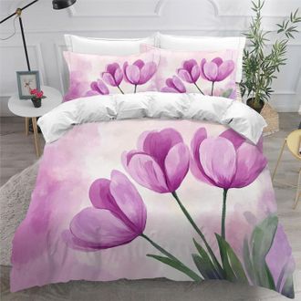 Generic Bettw&auml;sche 200x200 Aquarell-Tulpen Bettw&auml;sche-Sets Rosa Lila Bettbezug 200 x 200 cm mit Rei&szlig;verschluss 3D Weiche Mikrofaser Bettbez&uuml;ge mit 2 Kissenbez