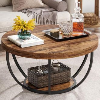 Tribesigns Table basse ronde industrielle à 2 niveaux avec étagères de rangement, table centrale moderne en bois de 80,5 cm pour salon, bureau à domicile