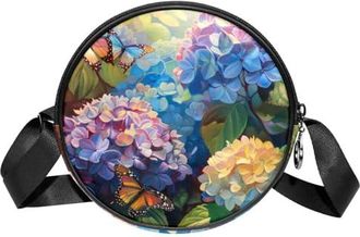 Generic Sac &agrave; bandouli&egrave;re rond pour femme, motif hortensia et papillons avec fermeture &eacute;clair et bretelles r&eacute;glables