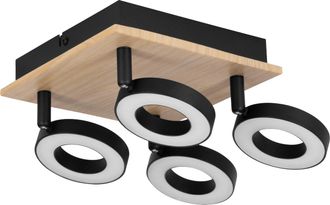 Eglo LED Deckenlampe Rielves, Deckenleuchte mit 4 Spots, Spotbalken schwenkbar, Deckenstrahler aus Holz in Braun und Metall in Schwarz, FSC-zertifiziert, w
