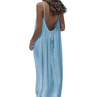 Generic Robe caraco dos nu pour femme, robe caraco dos nu, couleur unie, sans manches, avec noeud dans le dos, bleu clair, 4XL