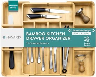 Navaris Organisateur de Tiroir - Rangement et Organisation Cuisine - Range Couverts et Ustensiles pour Tiroir - Bambou Naturel - Range Couvert Portable et Pol