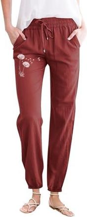 Generic Pantalon en coton et lin pour femme - Jambe large - Pantalon de plage d&eacute;t&eacute; pour femme - Confortable - Pantalon de yoga Palazzo XIYU26031, rouge brique