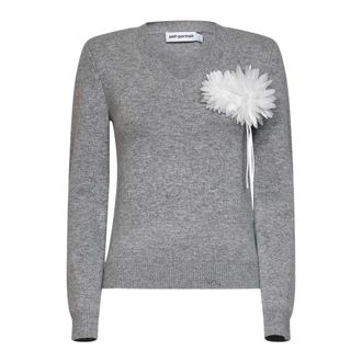Self Portrait Pullover mit V-Ausschnitt und Blumenapplikation - - Knitwear - Damen - Grau - XS