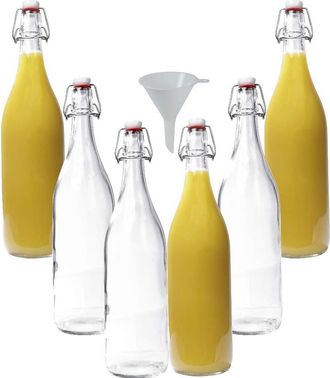 mikken Art 6X Glasflasche 1 Liter mit Bügelverschluss aus Porzellan inkl Trichter, Transparent