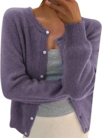 Minetom Femme Cardigan Elégant Manches Longues Tricoté Gilet Automne Hiver Chaud Pull Veste Courte avec Boutons Chic Manteau Tops A Violet XS