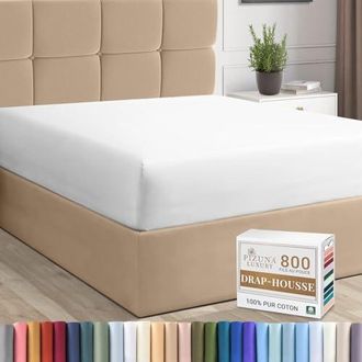 Pizuna Luxueux Drap Housse 200x200 cm Blanc, 100% Coton Longue Tige 800 Fils Armure Satin, Drap-Housse de Luxe Bonnet 40 cm (Blanc Drap Ajusté Coton 2 Person
