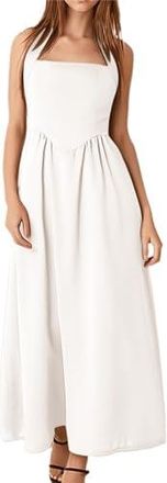 Generic Robe d&eacute;t&eacute; sans manches pour femme, dos nu, &eacute;paules d&eacute;nud&eacute;es, taille haute, robe longue &eacute;vas&eacute;e fluide, robe d&eacute;t&eacute; boh&egrave;me, robe de vacances pour la plage