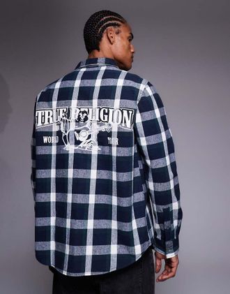 True Religion Lang&auml;rmliges Hemd in Blau kariert mit Logo und R&uuml;ckenprint