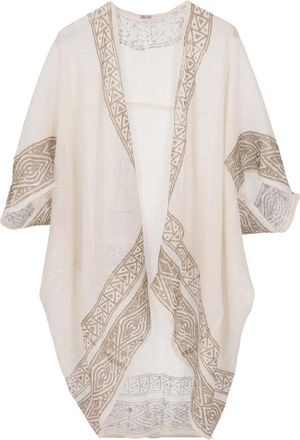 Guru Shop Offener Boho Cardigan, Plus Size Jacke, Kimono mit Druckbord&uuml;re - Naturwei&szlig;, Damen, Baumwolle