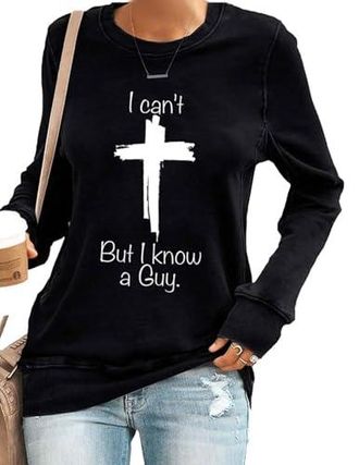 Generic T-shirt graphique &agrave; manches longues avec inscription &laquo; I Cant But I Know A Guy Cross &raquo; pour femme - Automne et hiver, Noir, XXL